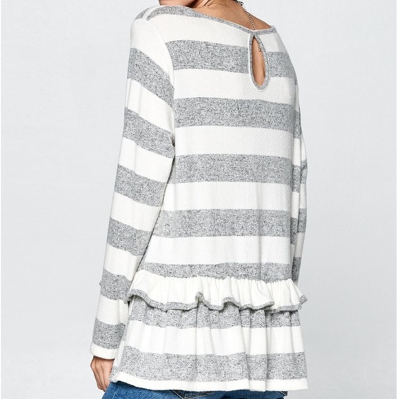 Tops | Gray Longsleeve Striped Ruffled Hem Top | Poshmark